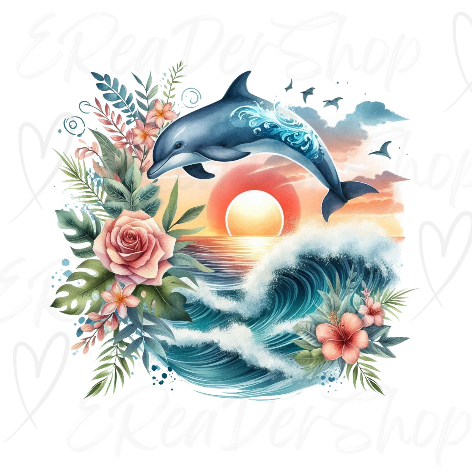 25 Watercolor, Tropical Sunset Dolphin, Cartoon Dolphin, Clipart, Sea ...
