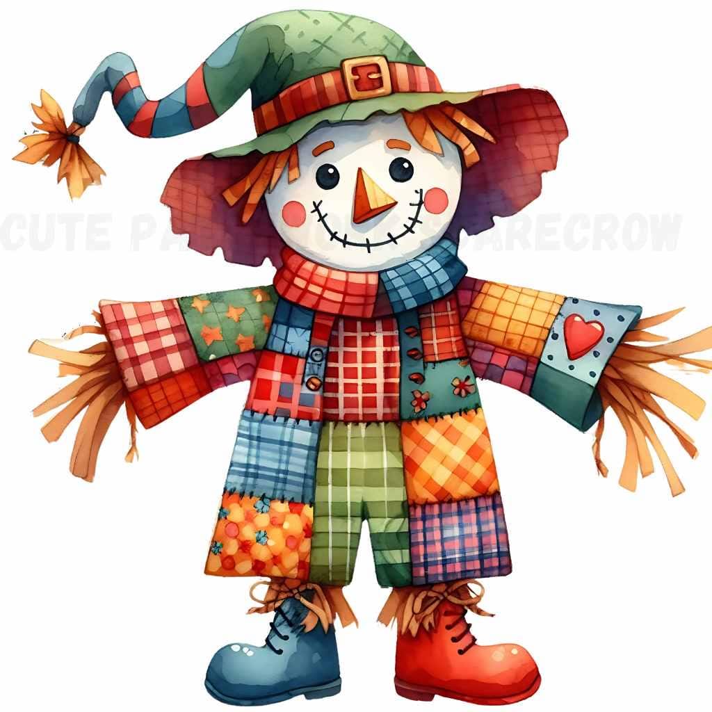 12 Cute Watercolor Patchwork Scarecrows Clipart, Autumn Clipart, Fall ...