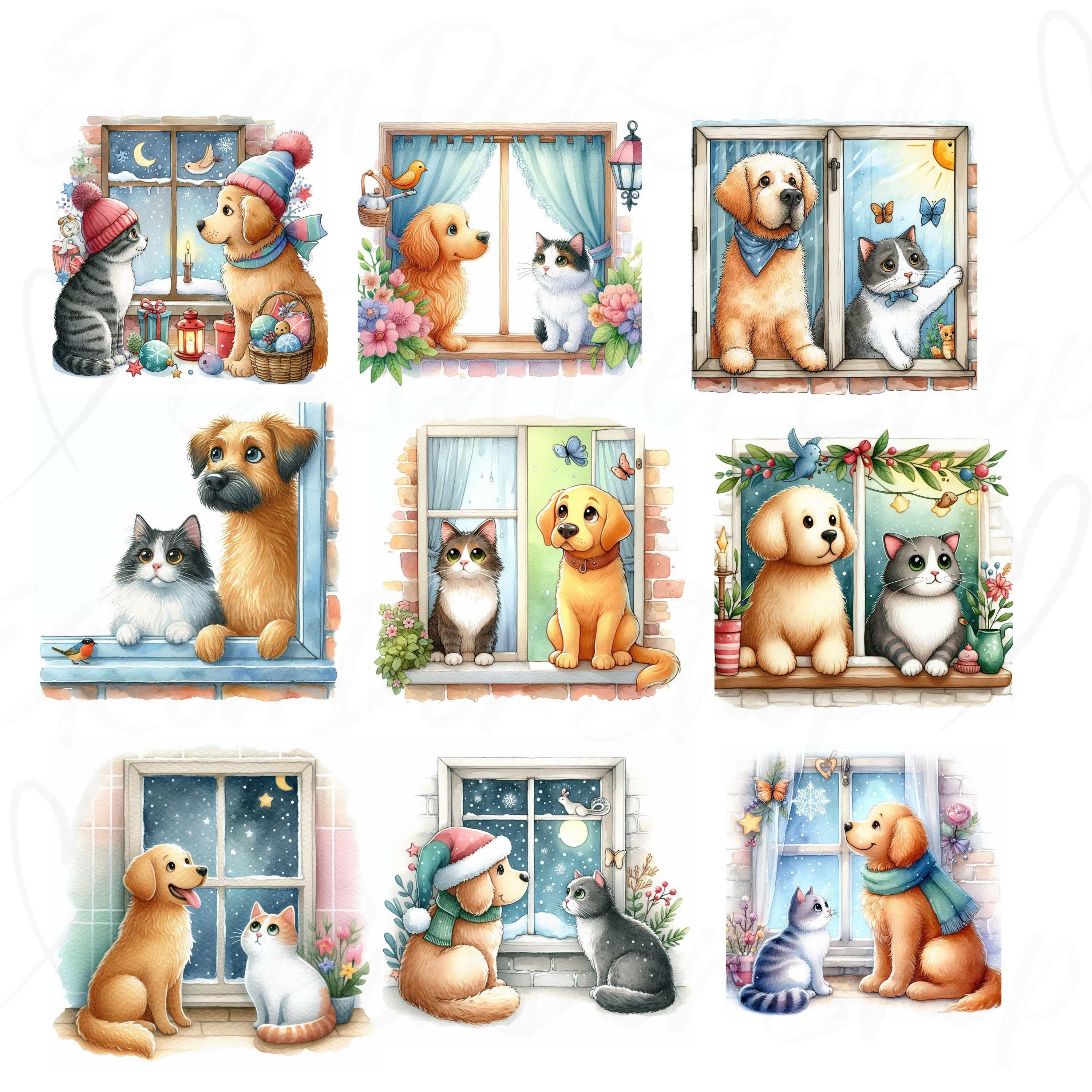 30 Cat and Dog Clipart, Watercolor Home Scene, Cute Cat and Dog Clipart ...
