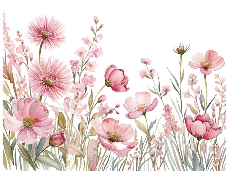 15 Pink Wildflower Borders Clipart, Watercolor Floral PNG, Digital ...