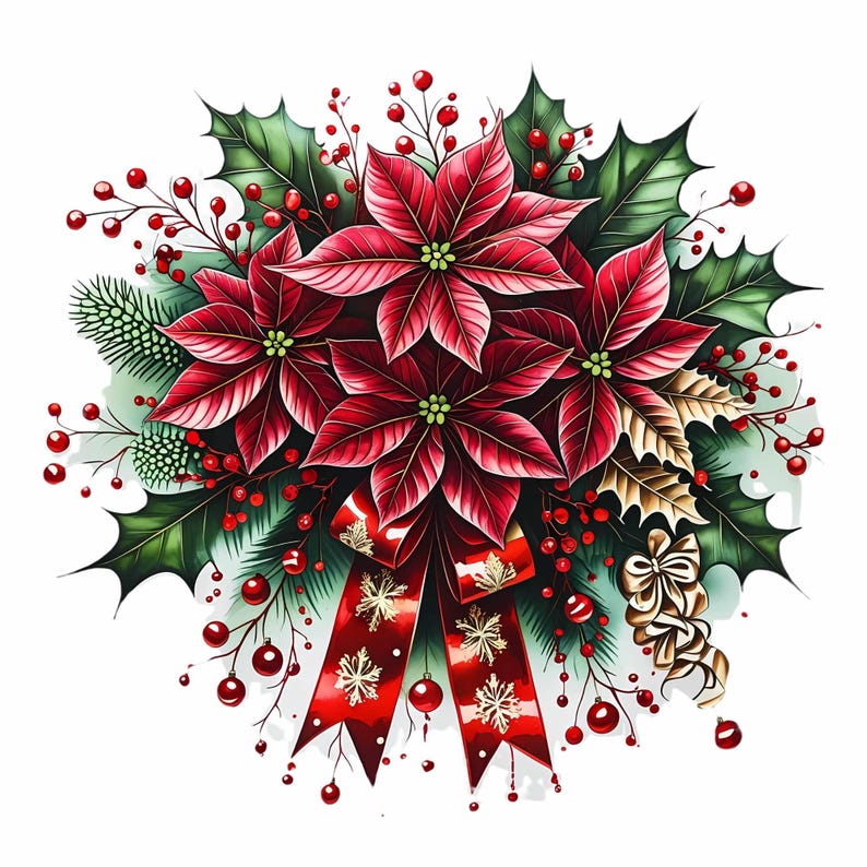 Red Poinsettia Christmas Clipart Bundle: Printable Holiday Graphics ...