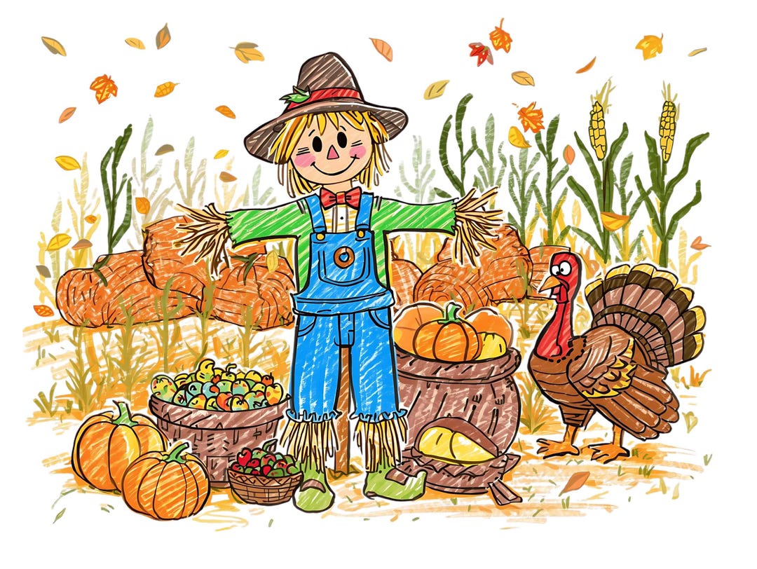 Fall Harvest Clipart: Scarecrow, Turkey, Pumpkin Field Illustration ...