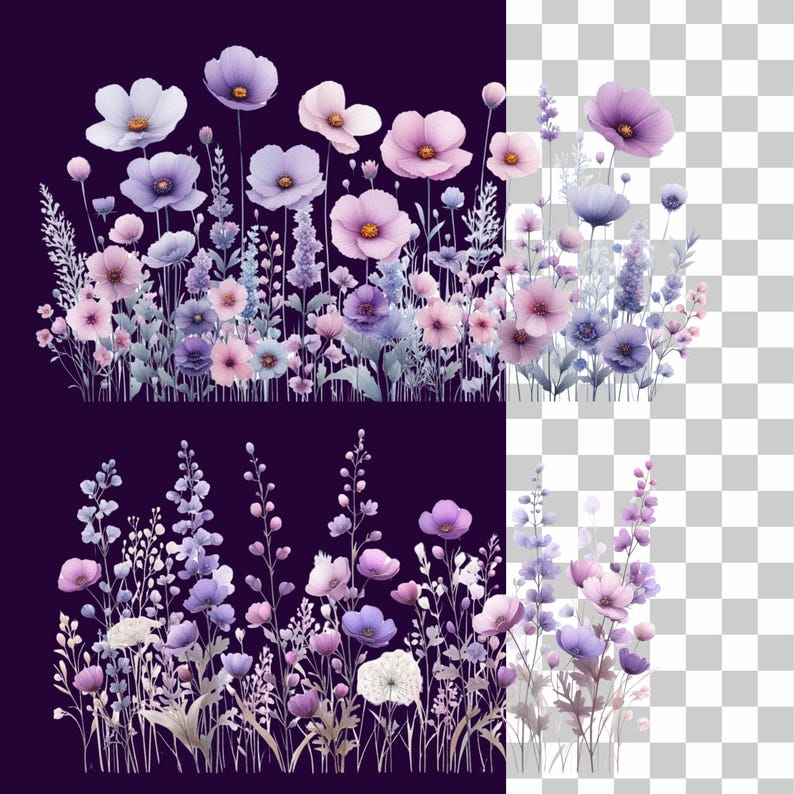 Watercolor Purple Floral Clipart, Wildflower Meadow PNG, Digital ...