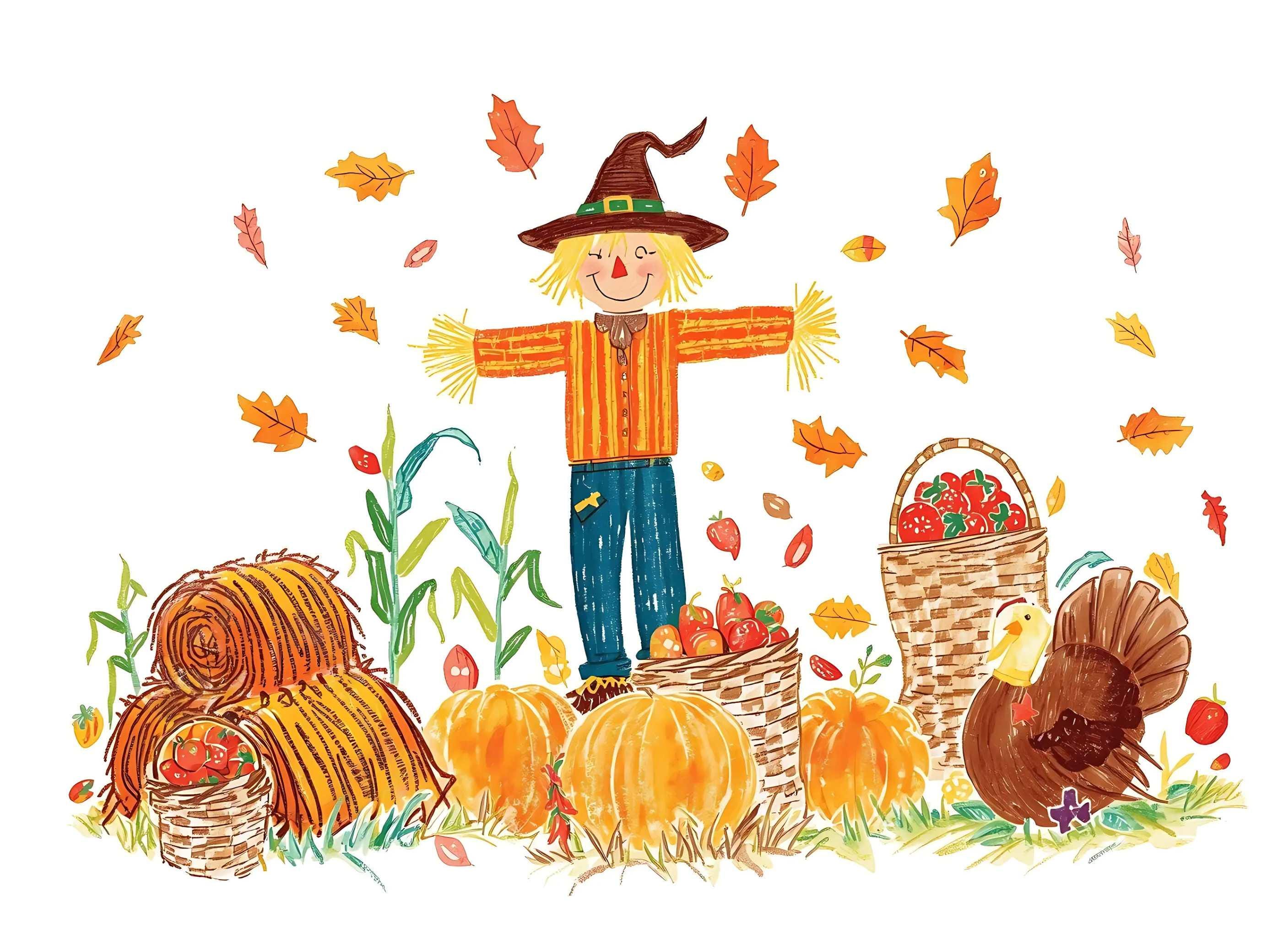Fall Harvest Clipart: Scarecrow, Turkey, Pumpkin Field Illustration ...