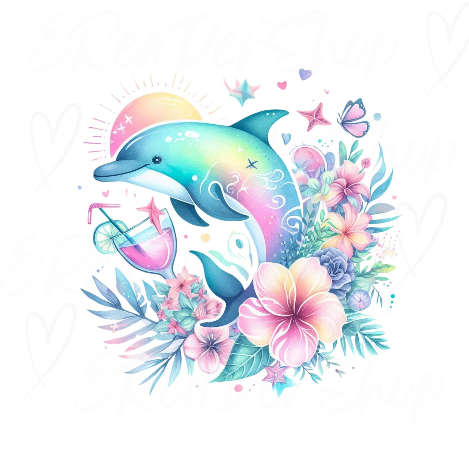 15 Watercolor, Tropical Sunset Dolphin, Cartoon Dolphin, Clipart, Sea ...