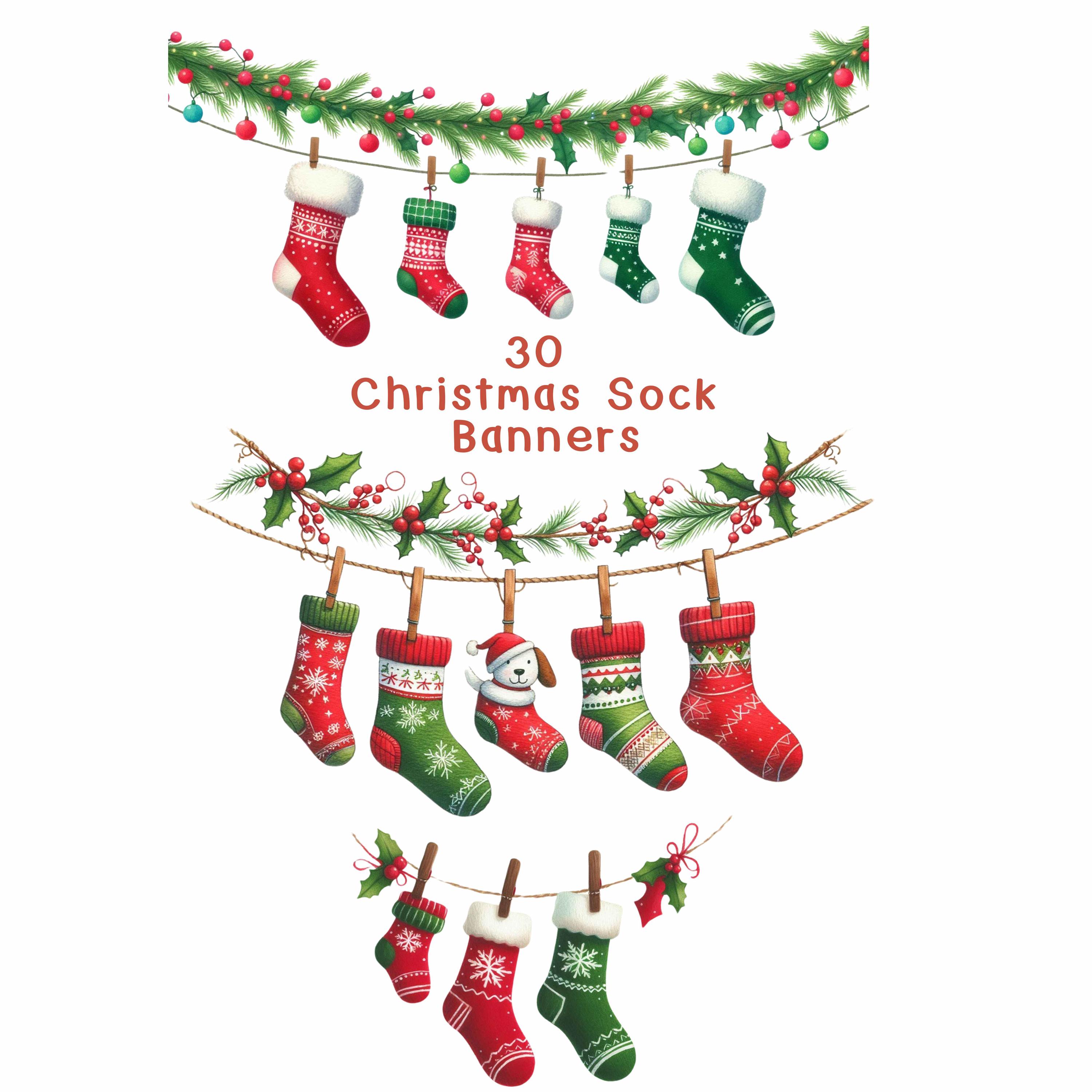30 Christmas Sock Banner, Christmas Clipart, Card Decor, Christmas ...