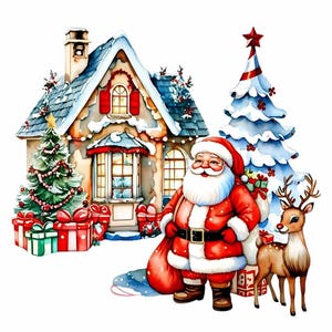 Santa Cottage Clipart, Christmas Cards, Wall Art, Printable, PNG ...
