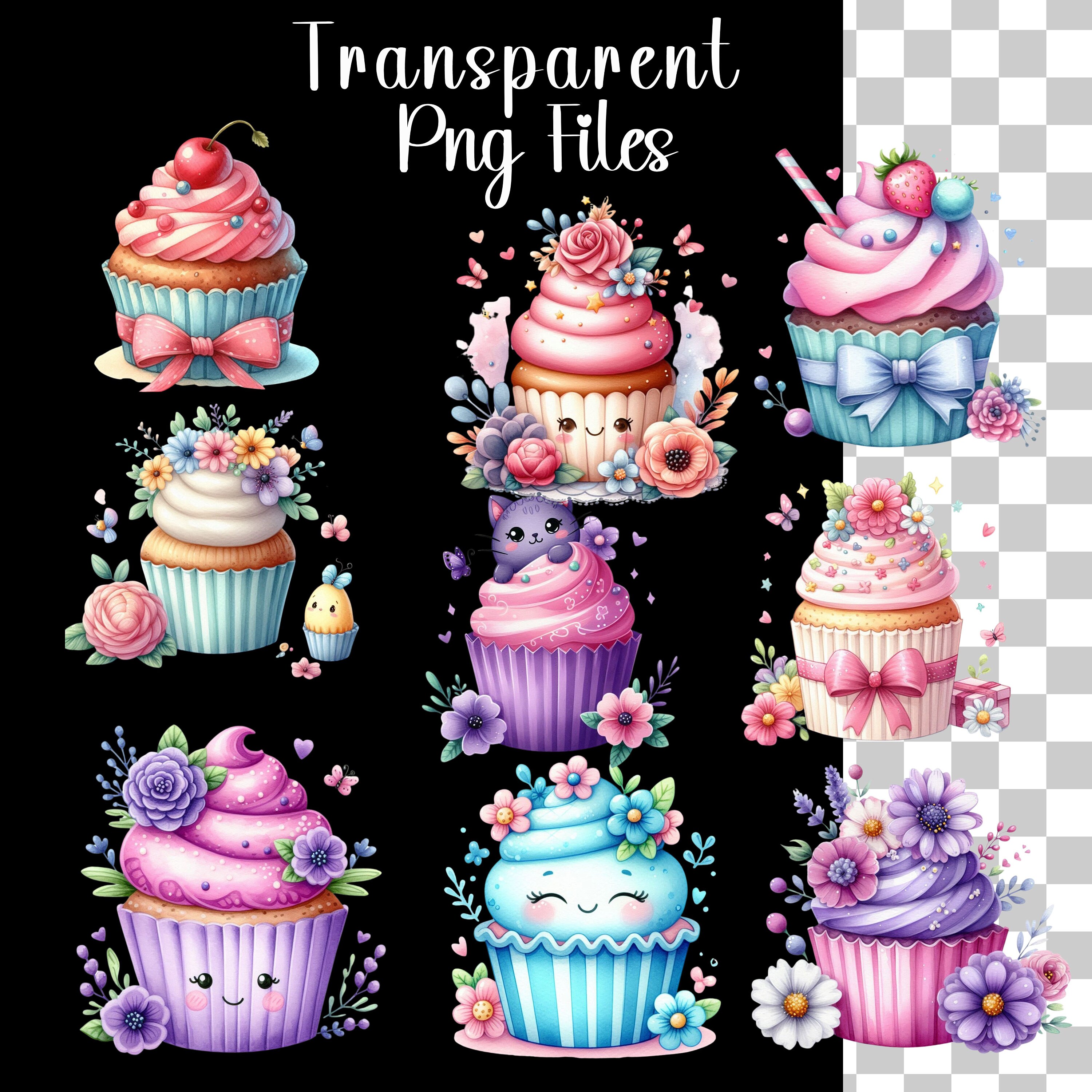 30 Cute Cupcakes, Cupcakes Clipart, Watercolor Cupcakes, Flower Cupckes ...