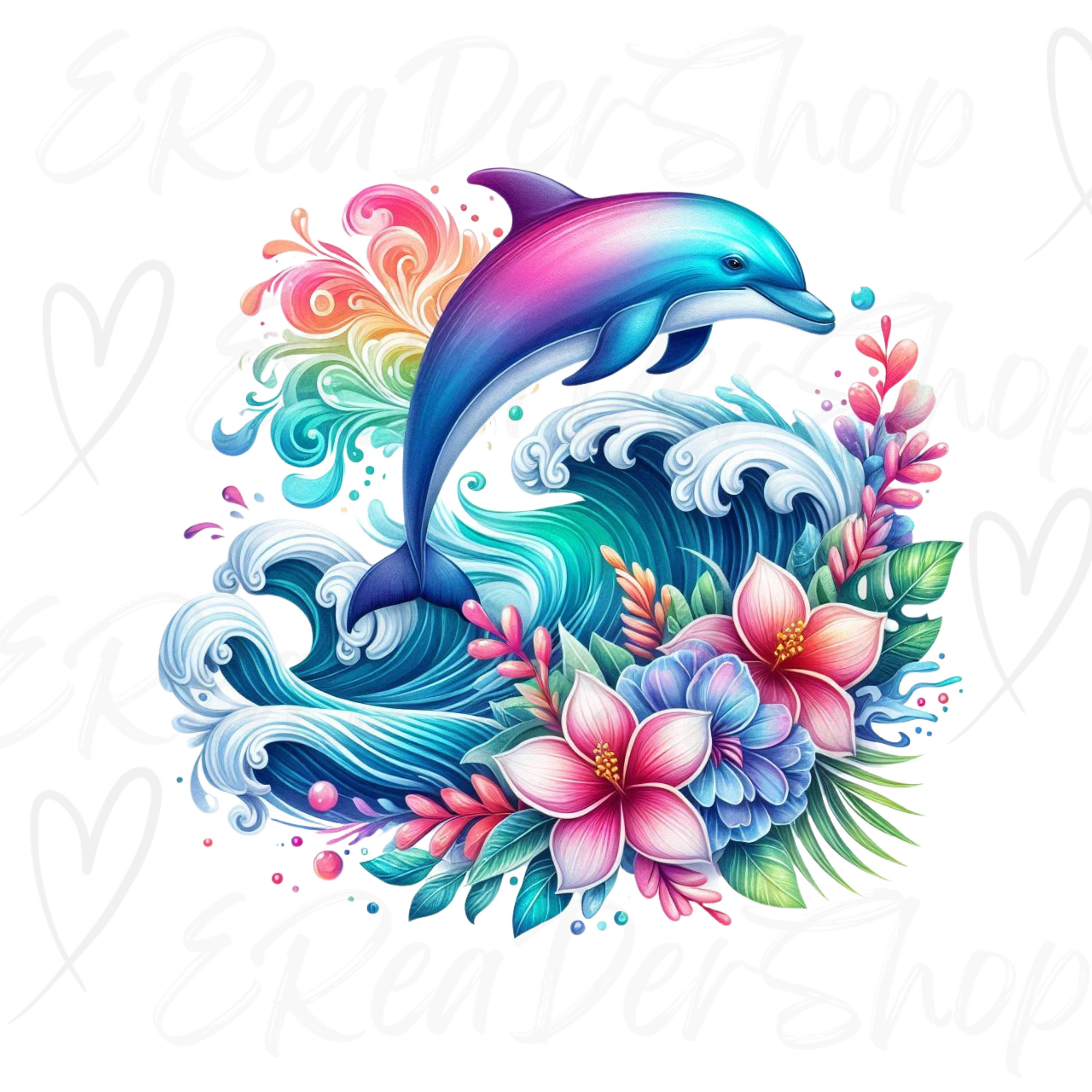 25 Watercolor, Tropical Sunset Dolphin, Cartoon Dolphin, Clipart, Sea ...