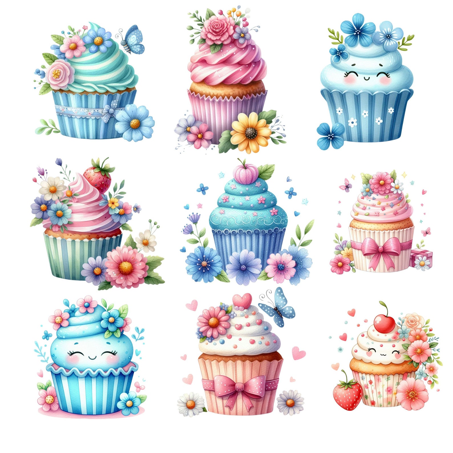 30 Cute Cupcakes, Cupcakes Clipart, Watercolor Cupcakes, Flower Cupckes ...