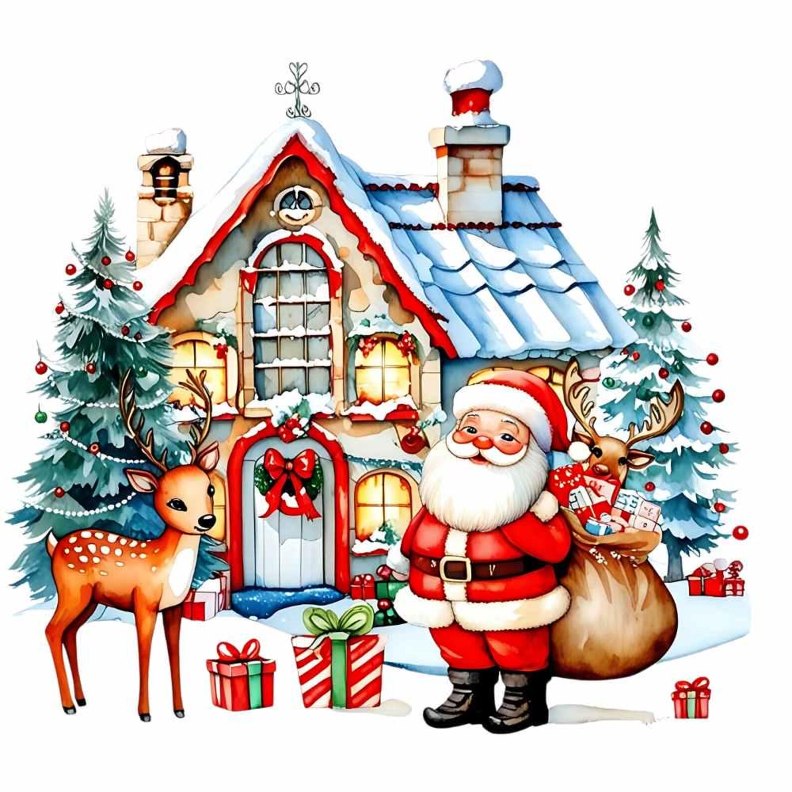 Santa Cottage Clipart, Christmas Cards, Wall Art, Printable, PNG ...