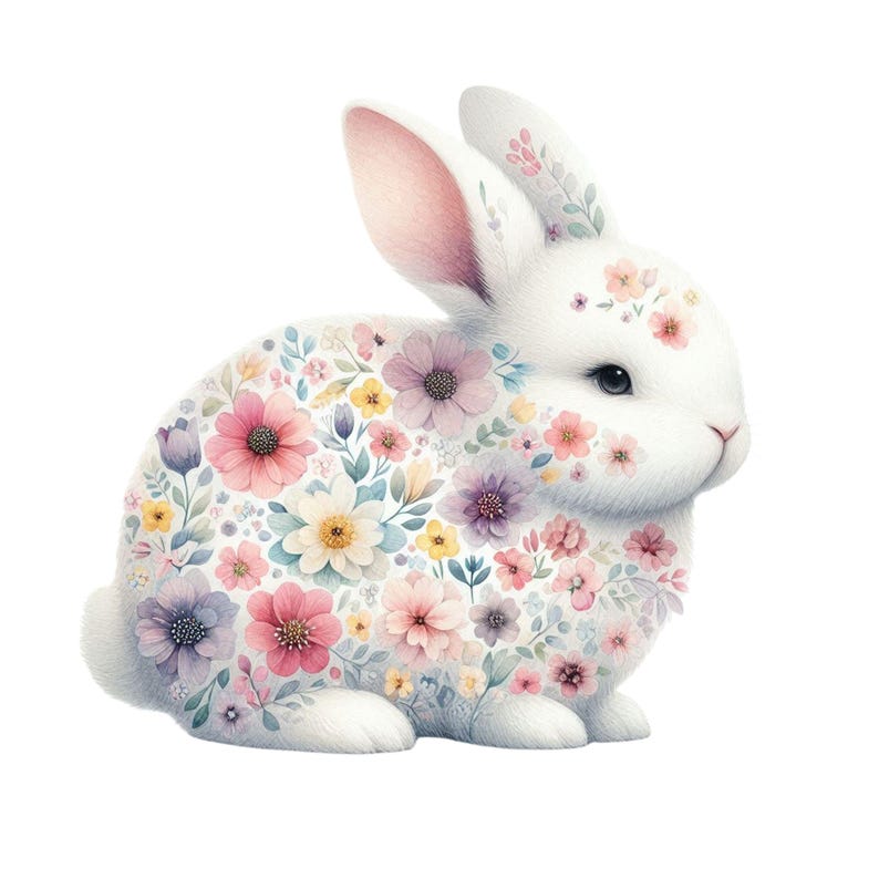 Floral Bunny Clipart PNG Bundle, Botanical Easter Rabbit, Cottagecore ...