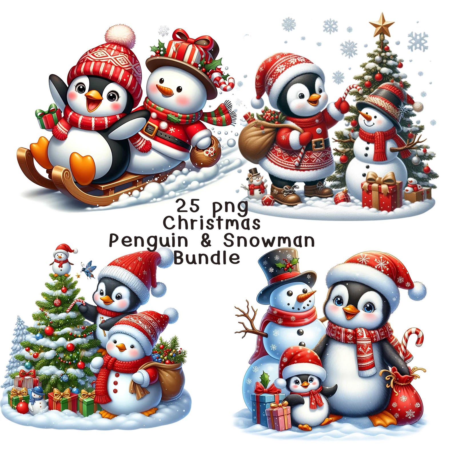 25 Cute Winter Penguins Clipart, Christmas Penguin and Snowman Clipart ...