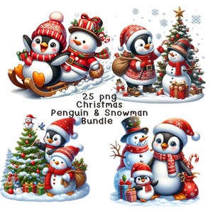 25 Cute Winter Penguins Clipart, Christmas Penguin and Snowman Clipart ...