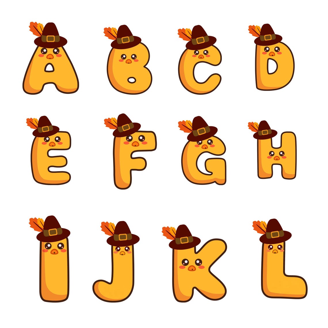 Thanksgiving Alphabet Clipart, Letters With Pilgrim Hat, Uppercase ...
