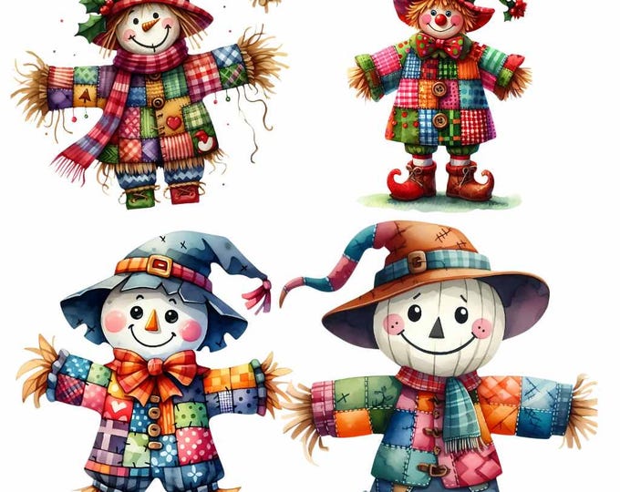 10 Scarecrows Clipart Bundle, PNG & JPG, Printable Patchwork Scarecrow ...