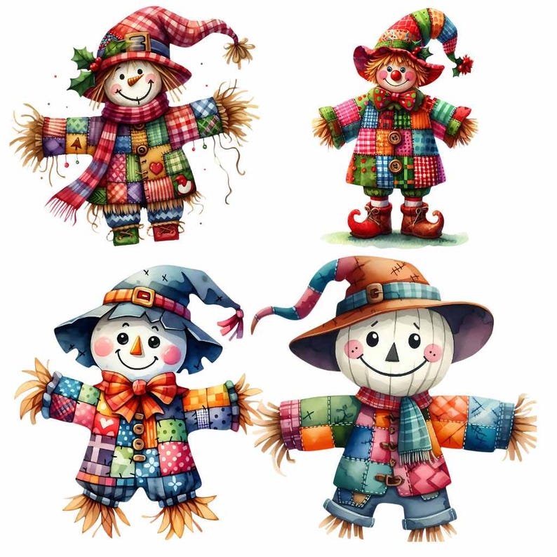 12 Cute Watercolor Patchwork Scarecrows Clipart, Autumn Clipart, Fall ...