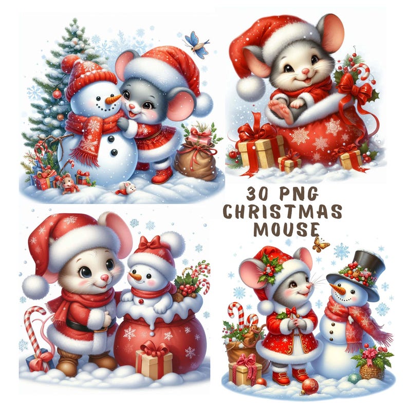 30 Cute Christmas Mouse, Mouse and Snowman Clipart, Cat and Mouse ...