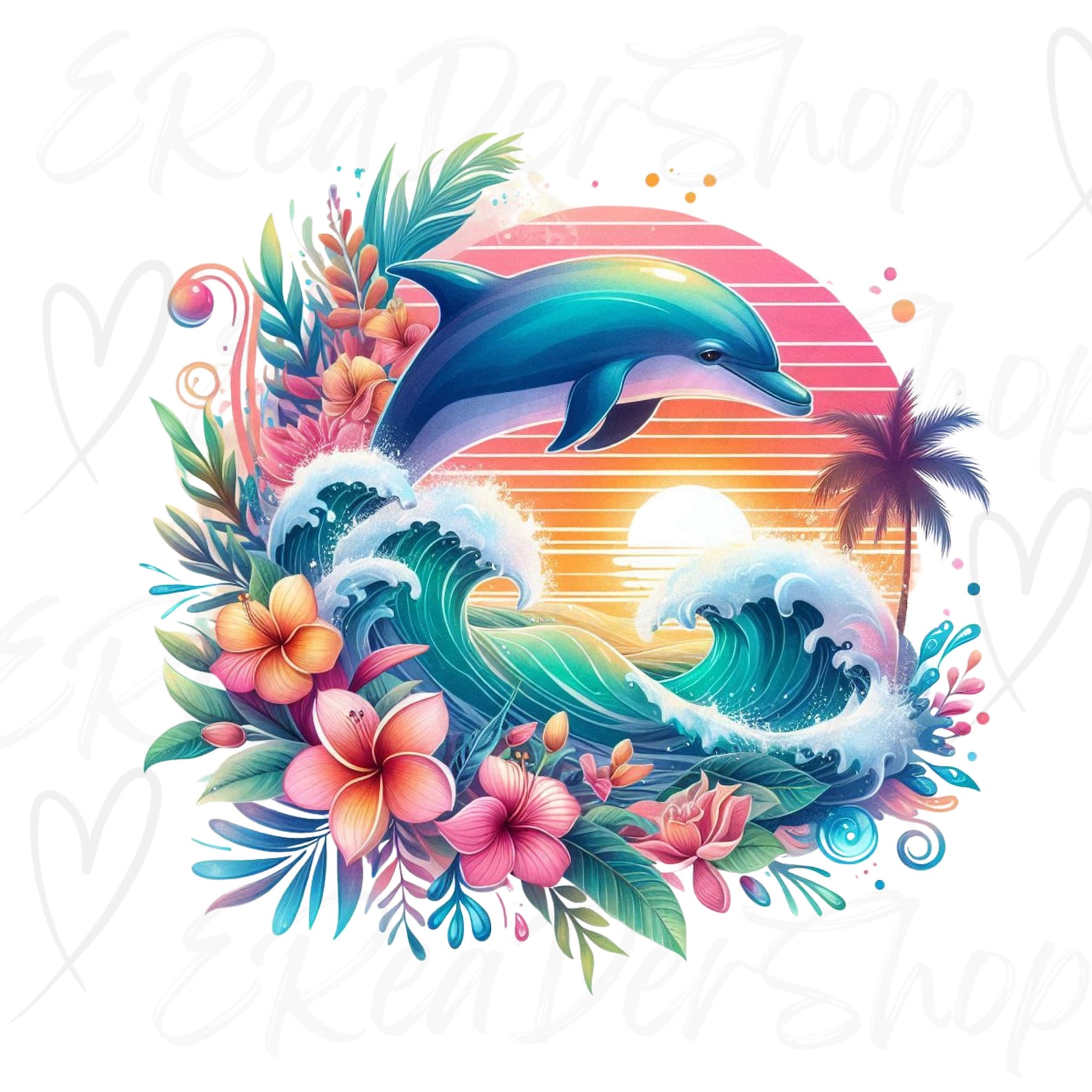 25 Watercolor, Tropical Sunset Dolphin, Cartoon Dolphin, Clipart, Sea ...