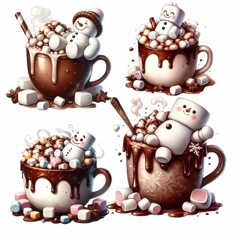 17 Cute Marshmallow Melting Snowman, Overflowing Hot Cocoa, Cozy Winter ...