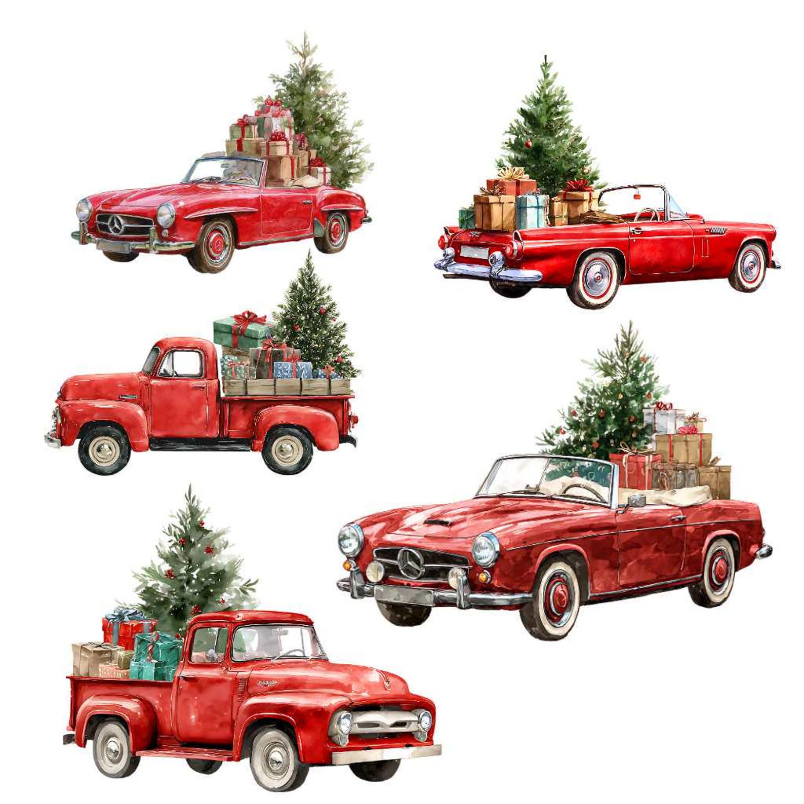 Vintage Watercolor Red Truck Christmas Clipart: PNG, Printable Digital ...