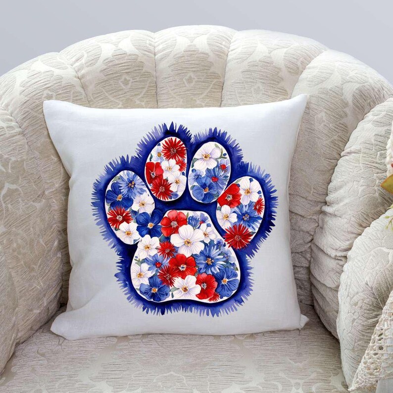 15 Patriotic Floral Paw Clipart, Dog Prints, Watercolor Pet Prints ...