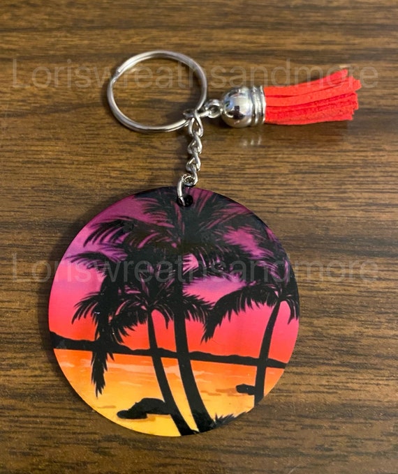 Palm Tree Keychain Hawaiian Sunset Keychain Tropical - Etsy