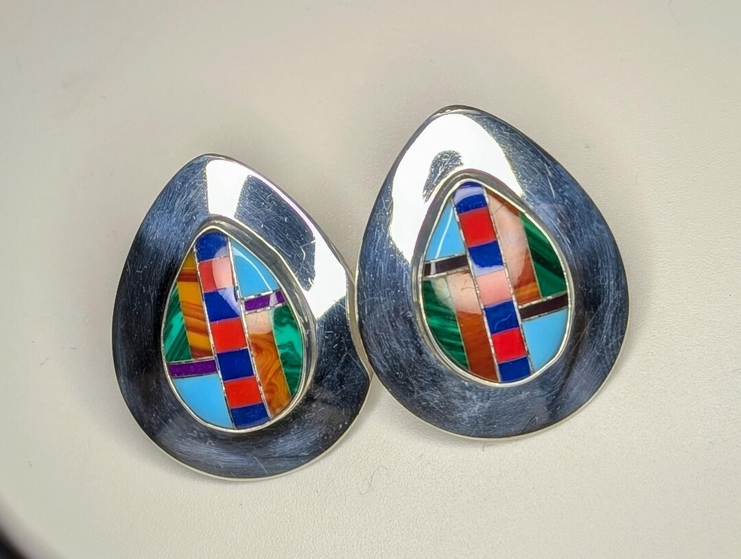 Authentic Native American Zuni Mosaic Inlay Sterling Silver Tear Drop ...