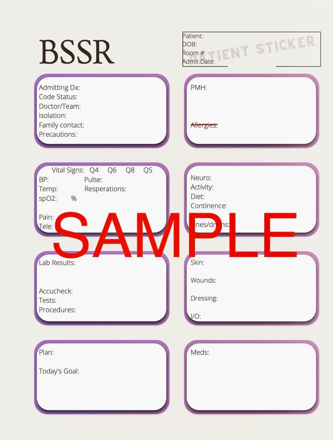 BSSR Bedside Shift Report Sheet for Nurse RN Nursing Staff Med Surg ...