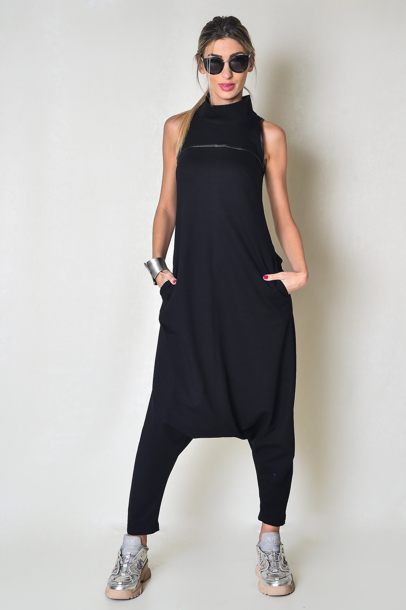 Black Cotton Jumpsuit / Women Romper With Back Zipper - Etsy