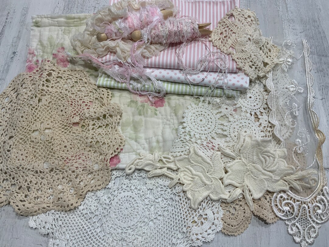 Quilt Kit 2 Fabric & Vintage Doilies Fancy Yarns, Cheese Cloth Shabby ...