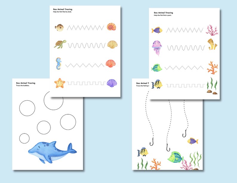 4 Sea Animal Tracing Worksheets Tracing Worksheets Busy Book Preschool ...