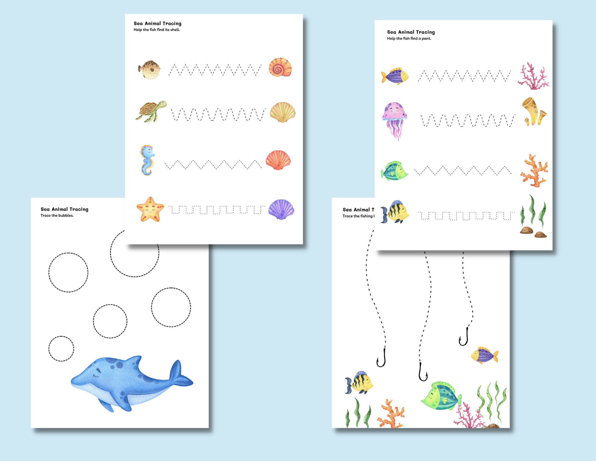 4 Sea Animal Tracing Worksheets Tracing Worksheets Busy Book Preschool ...