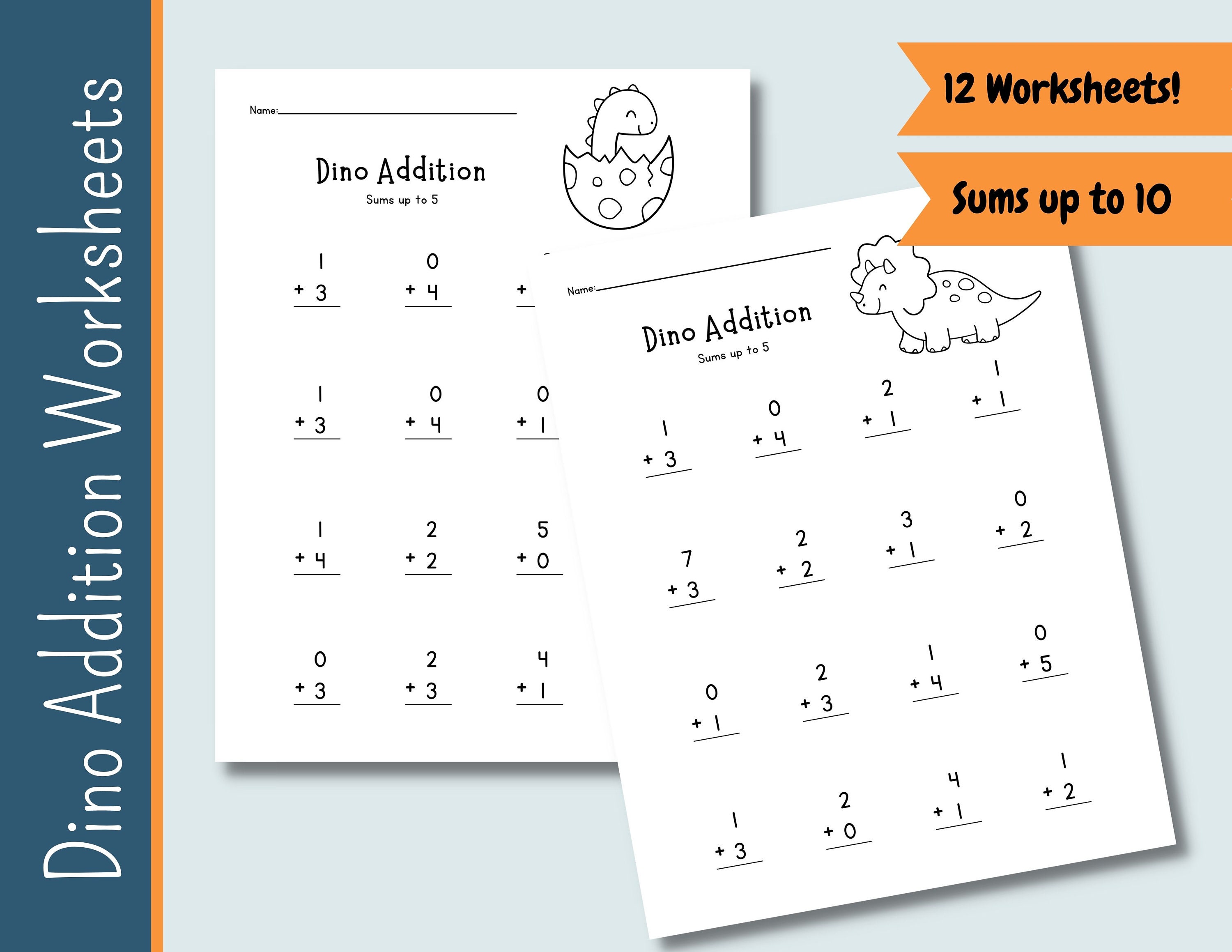 12 Dino Addition Worksheets Math Worksheets 12 Pages Sums Under 10 1st ...