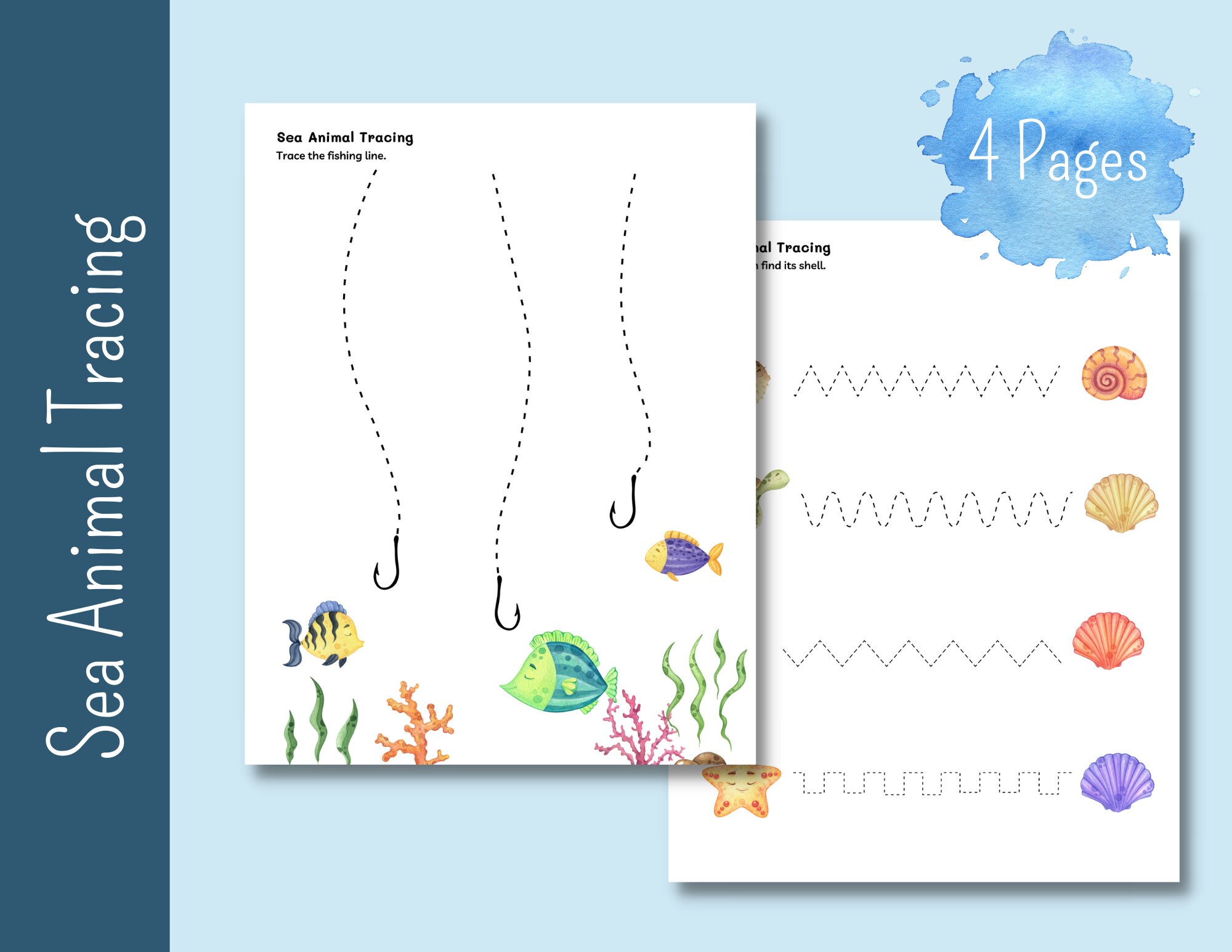 4 Sea Animal Tracing Worksheets Tracing Worksheets Busy Book Preschool ...