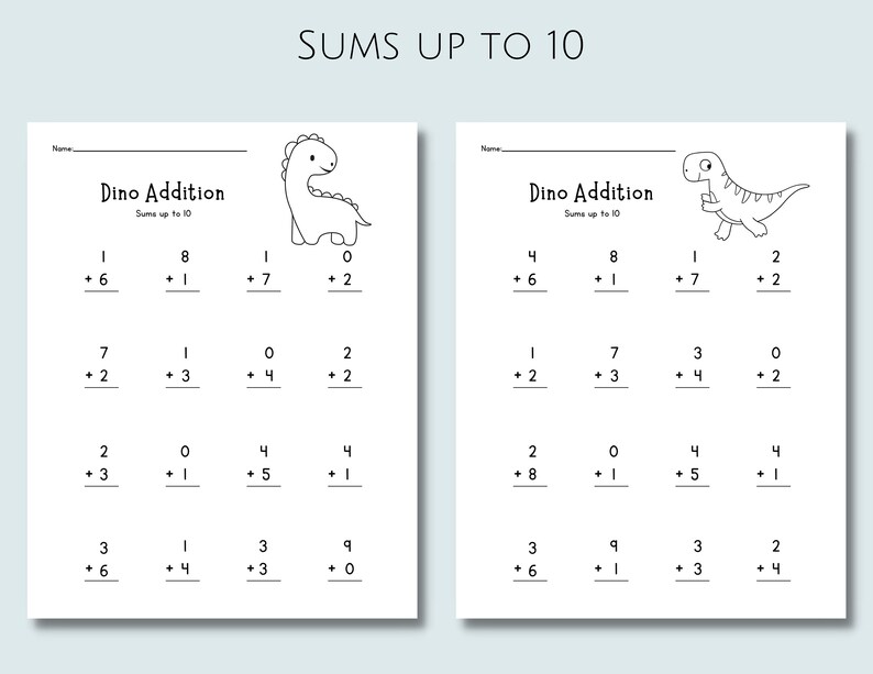 12 Dino Addition Worksheets Math Worksheets 12 Pages Sums Under 10 1st ...