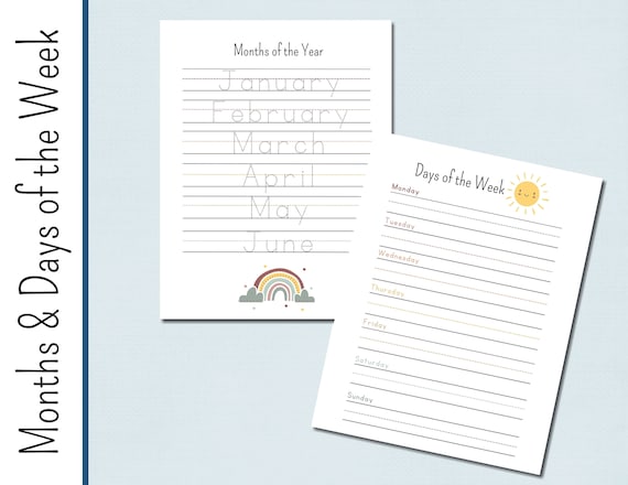 Months of the Year Handwriting Worksheets Days of the Week | Etsy
