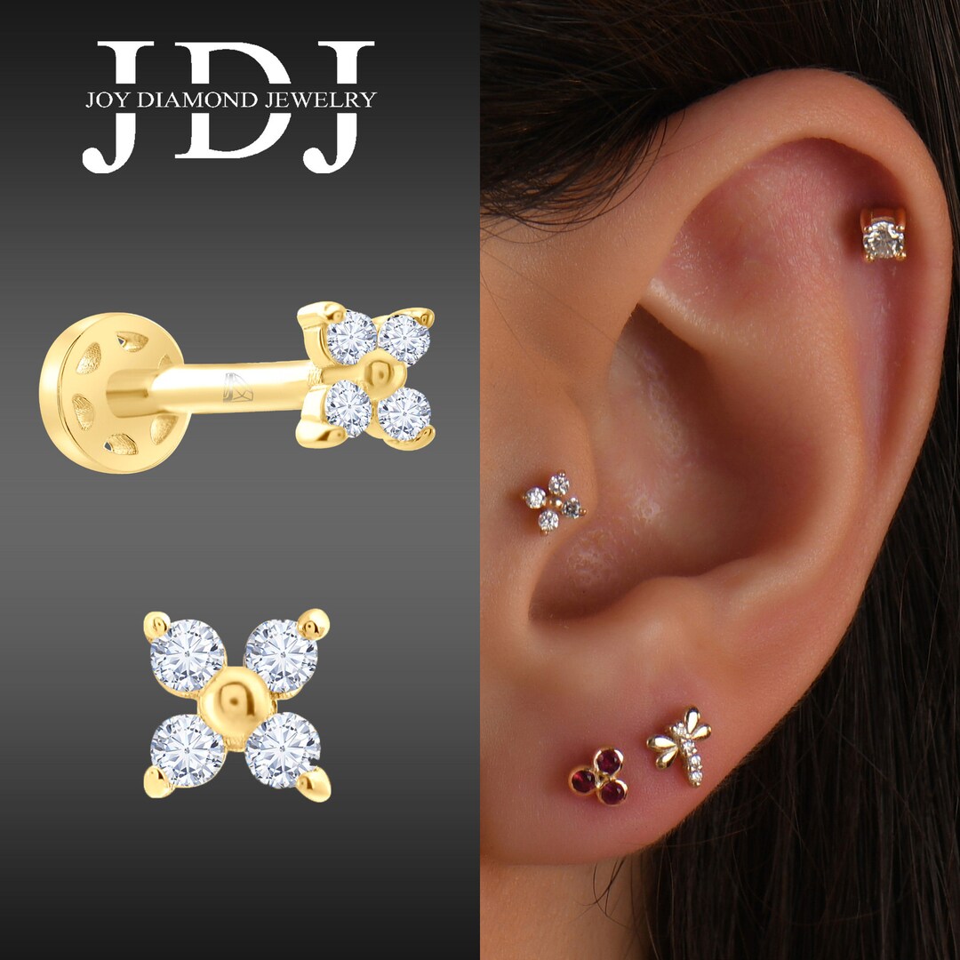 Mini Flower Tragus Piercing, 18K Solid Gold Tragus Earring, Floral Tiny ...