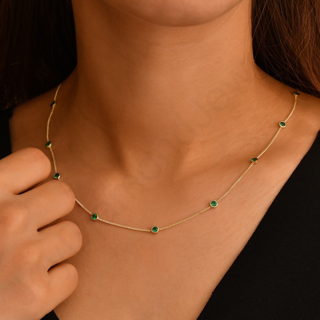 18K Gold Emerald Necklace, Green Emerald Necklace, Emerald Choker ...