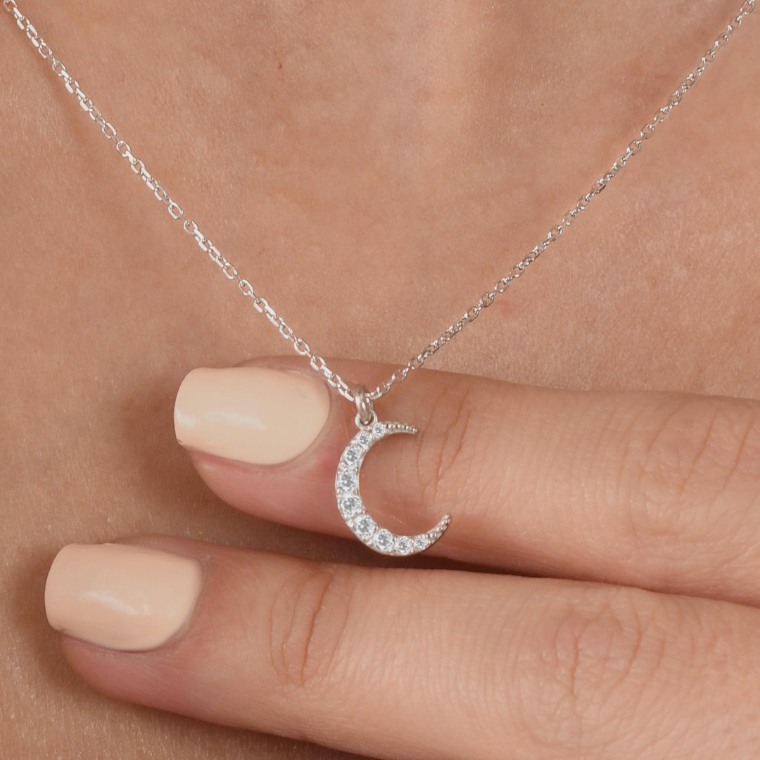 18k Gold Tiny Crescent Moon Necklace, Dainty Diamond Moon Necklace, Diamond Crescent Moon ...