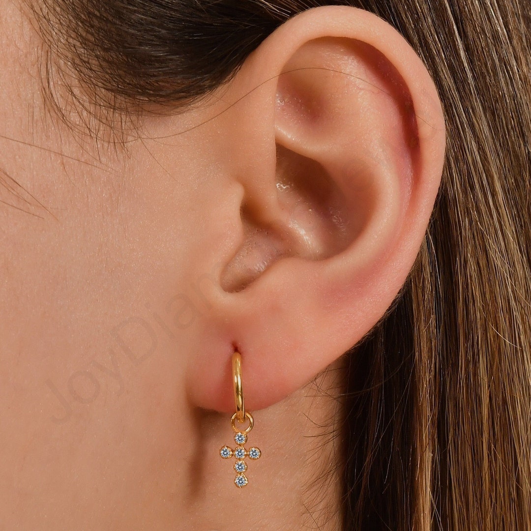 14k Gold Diamond Cross Earring, Diamond Religious Earring, Dianty ...