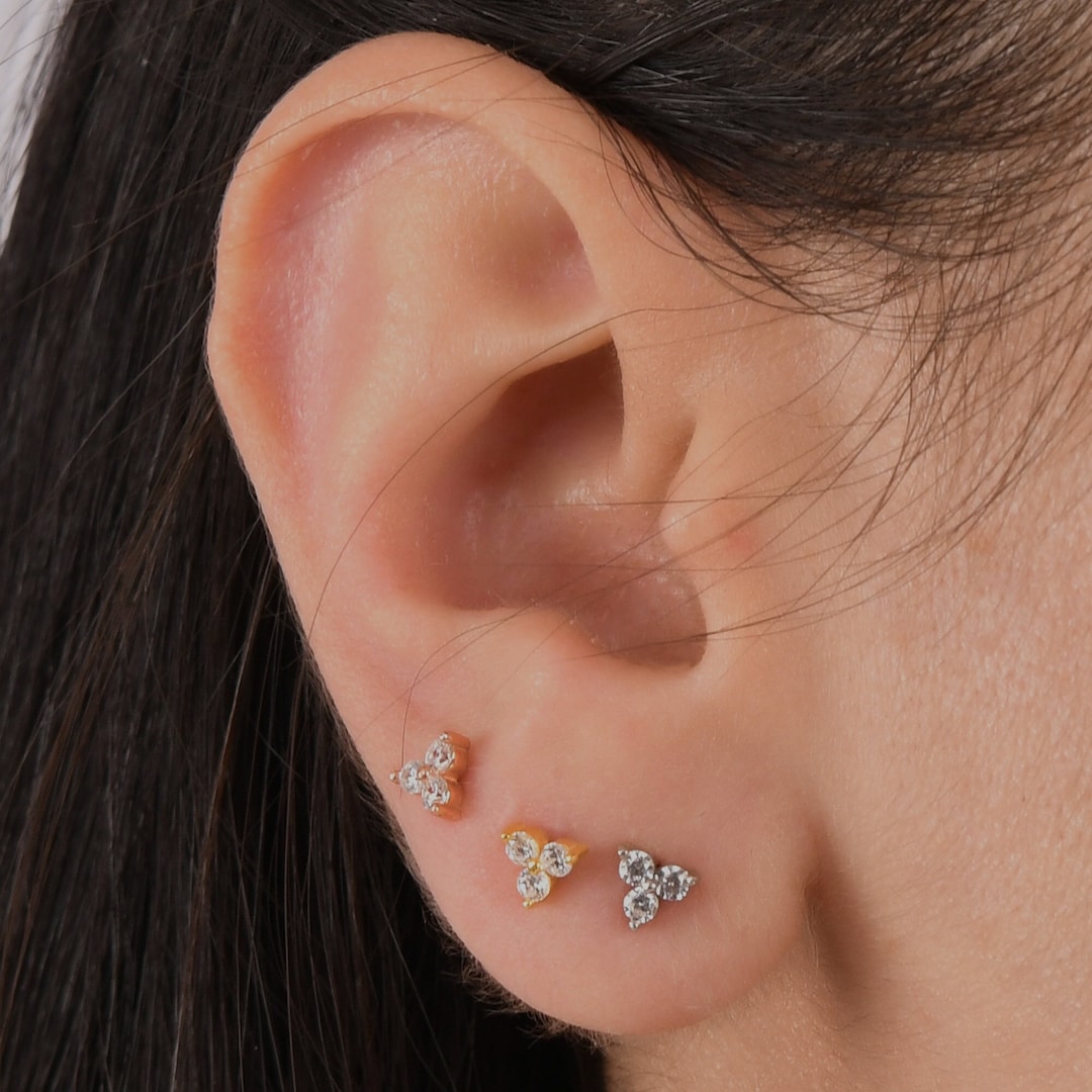 14K Solid Gold Diamond Three Stone Stud Earrings, Dainty Cluster ...