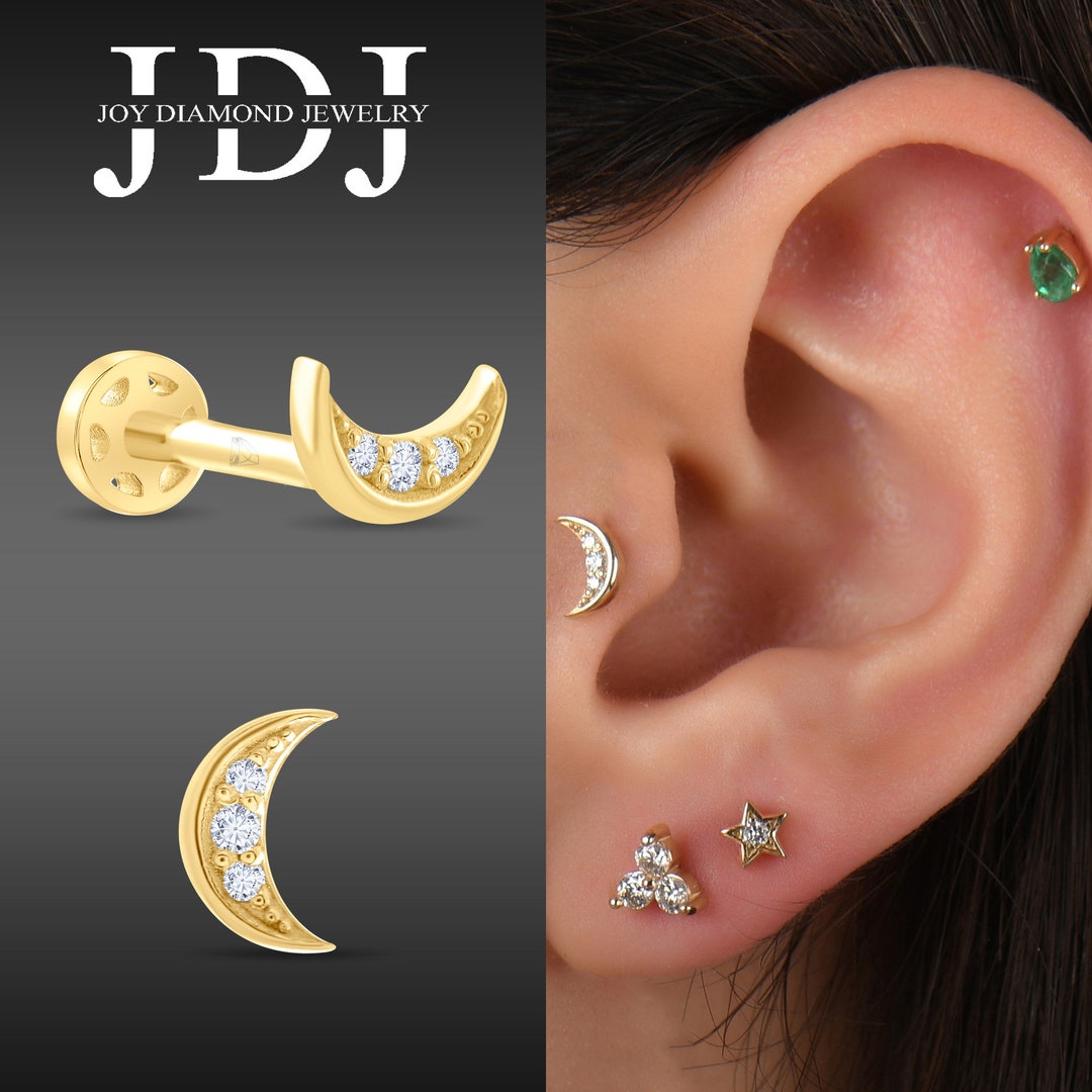 Dainty Crescent Moon Stud Earrings, 18K Diamond Mini Moon Piercing ...