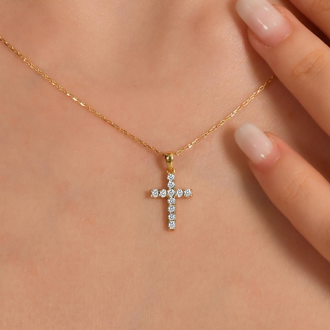 Dainty Cross Diamond Necklace, 18k Gold Diamond Christian Religious ...