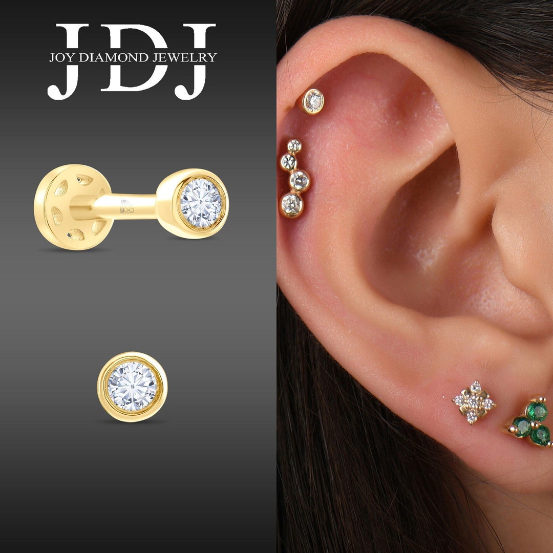 Diamond Solitaire Tragus Earring, Diamond Bezel Stud Earring, 18K Gold ...