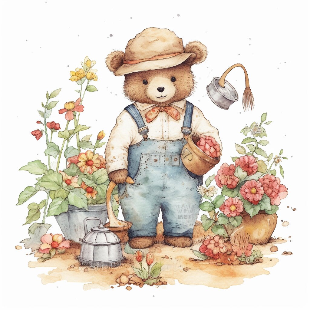 Teddy Bear Gardening Clipart 8 High Quality JPG Watercolor Art Digital ...
