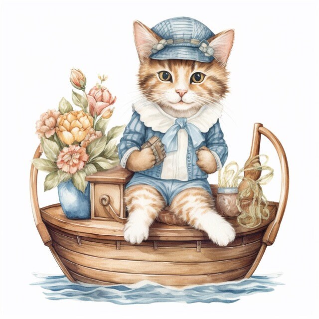 Kitty Cat a Captain Cruising 8 High Quality JPG Watercolor Digital ...