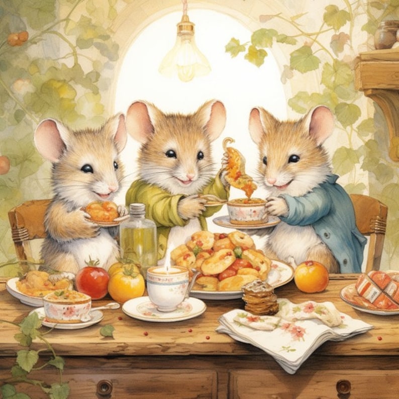 Mice Lunch Party Watercolor Clip Art 4 PNG Mix Media Card Making ...
