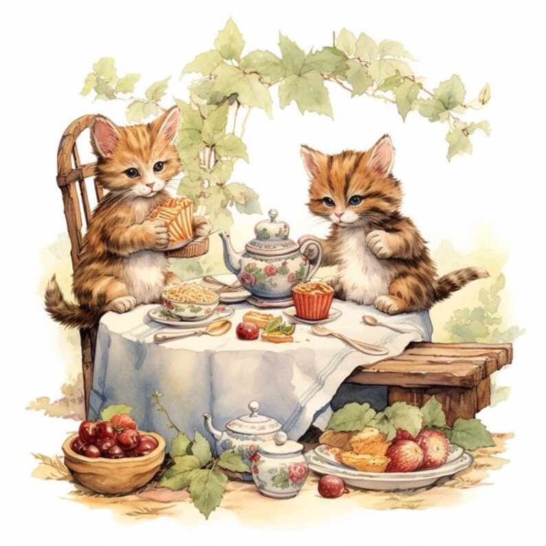 Three Kittens Having Lunch Watercolor Clip Art 4 PNG Mix Media Card ...