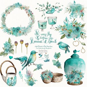 Turquoise Accent Wedding Clipart, 8 High Quality JPG Watercolor Art ...